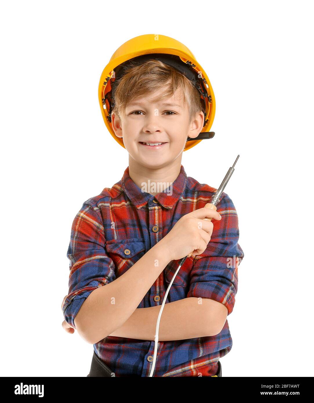 Cute little electrician on white background Stock Photo - Alamy