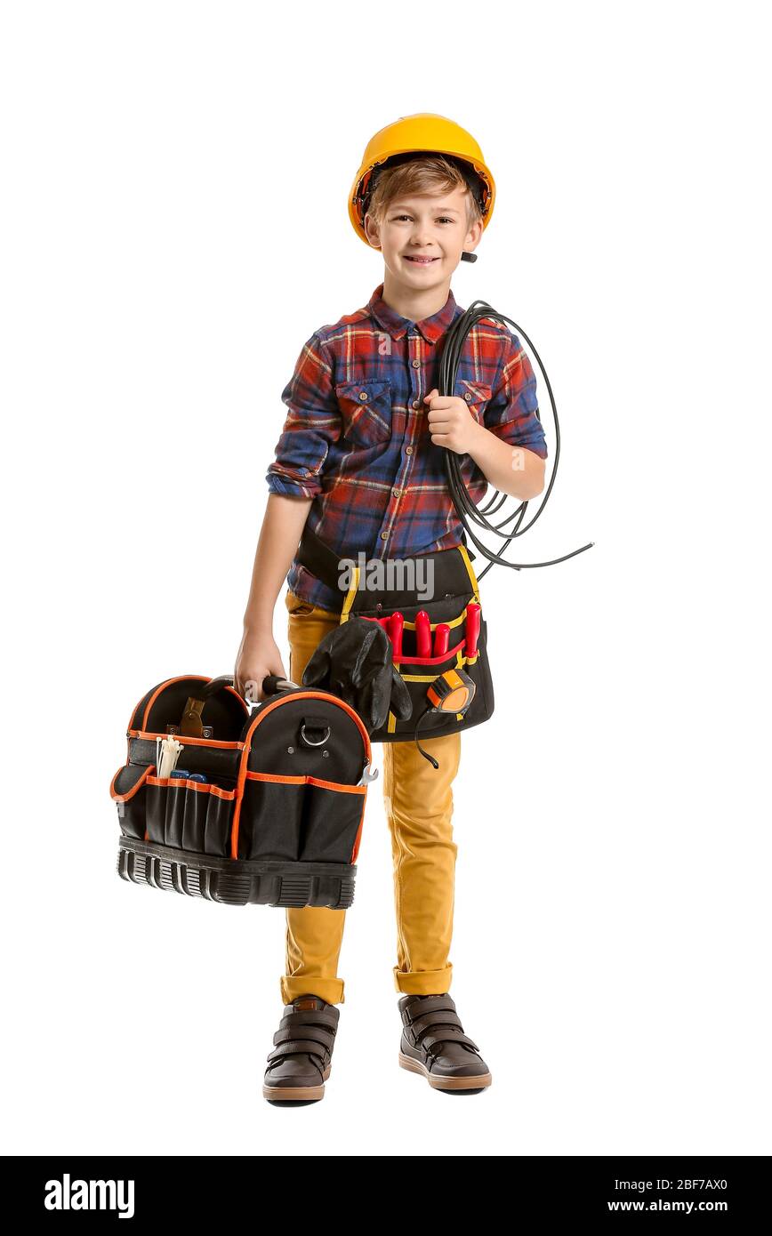 Cute little electrician on white background Stock Photo - Alamy