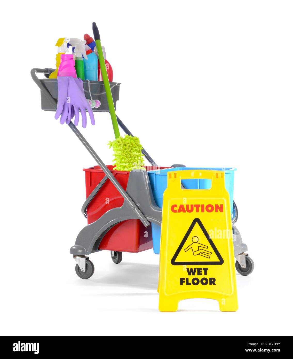Set of cleaning supplies with caution sign on white background Stock ...