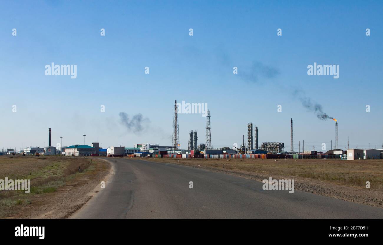 Oil refinery and gas processing plant. View of communication tower ...