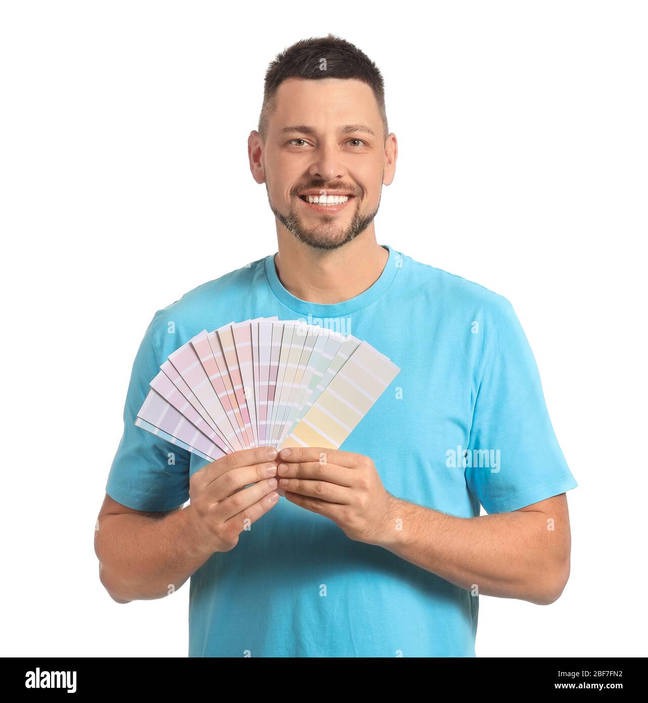 Man with color palettes on white background Stock Photo - Alamy
