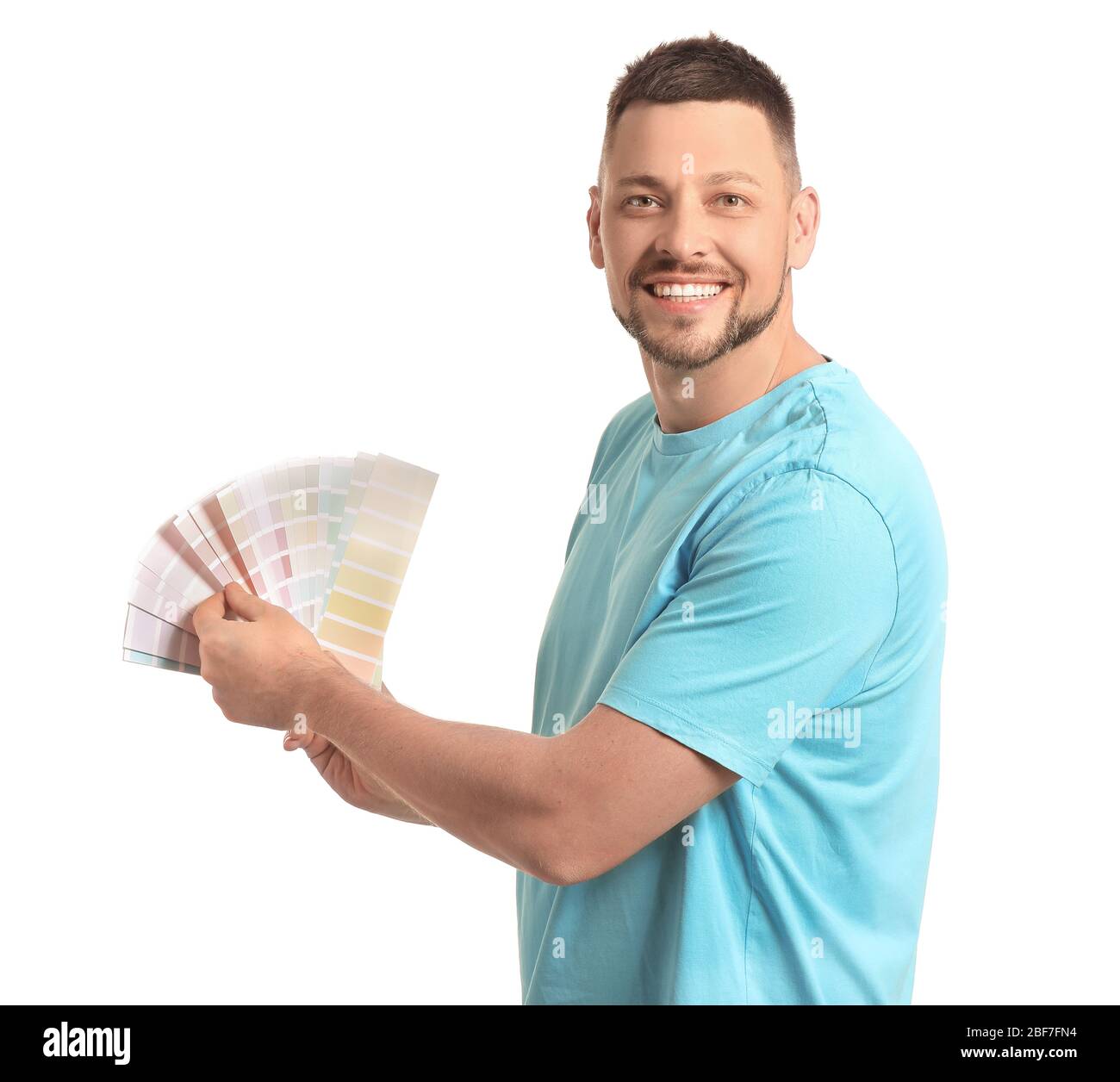 Man with color palettes on white background Stock Photo - Alamy