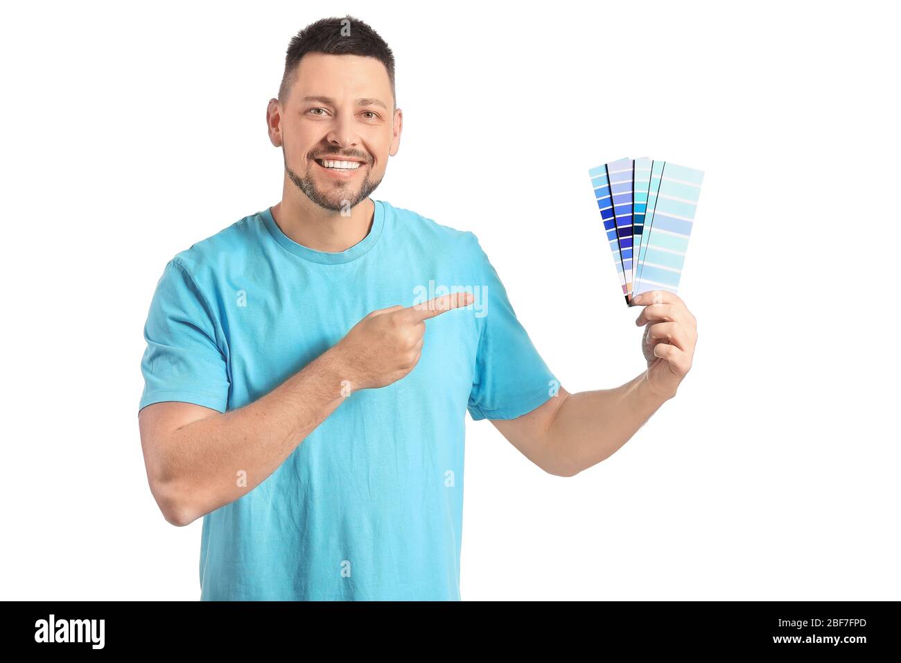 Man with color palettes on white background Stock Photo - Alamy