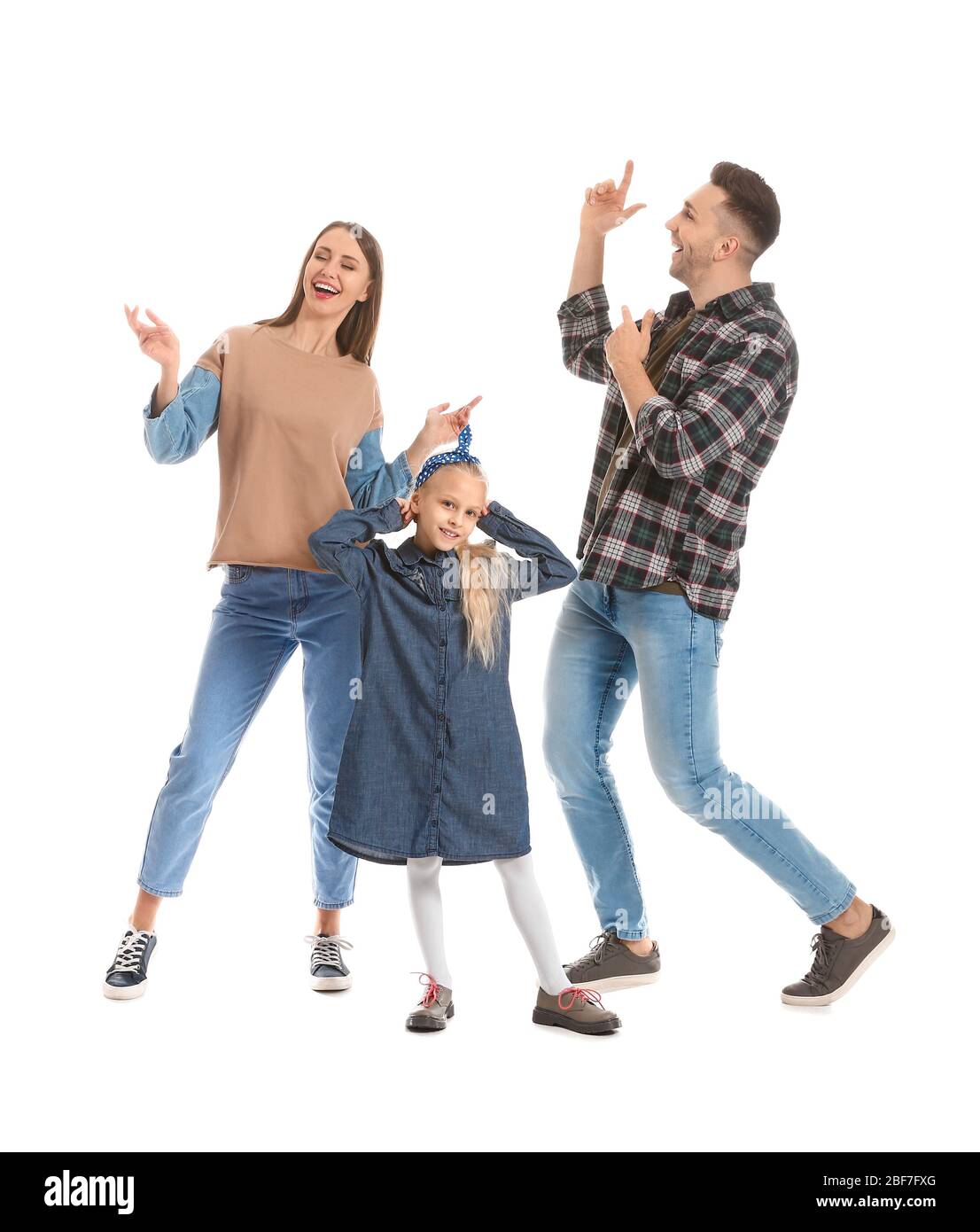 Happy dancing family on white background Stock Photo - Alamy