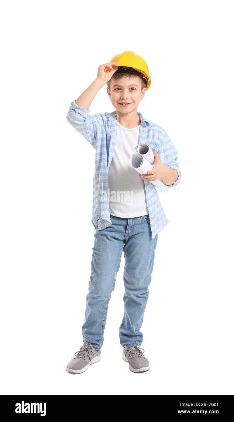Cute little architect on white background Stock Photo - Alamy