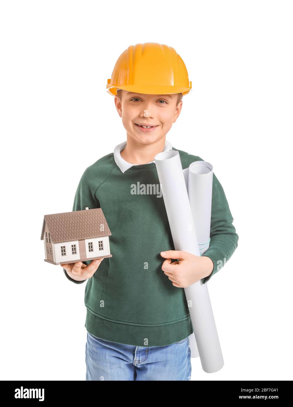 Cute little architect on white background Stock Photo - Alamy