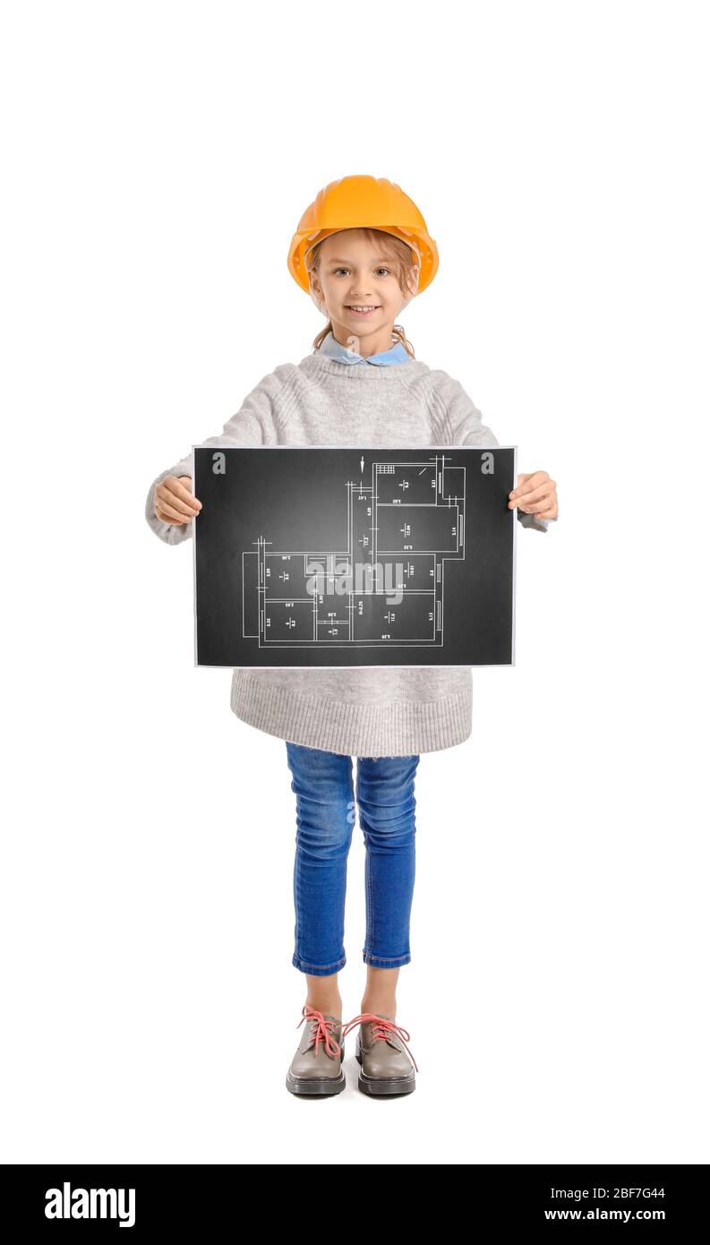 Cute little architect on white background Stock Photo - Alamy