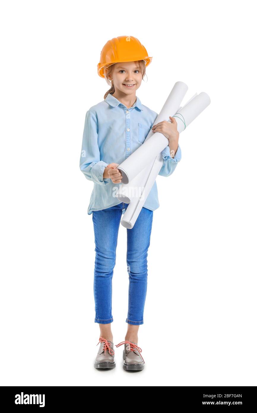 Cute little architect on white background Stock Photo - Alamy