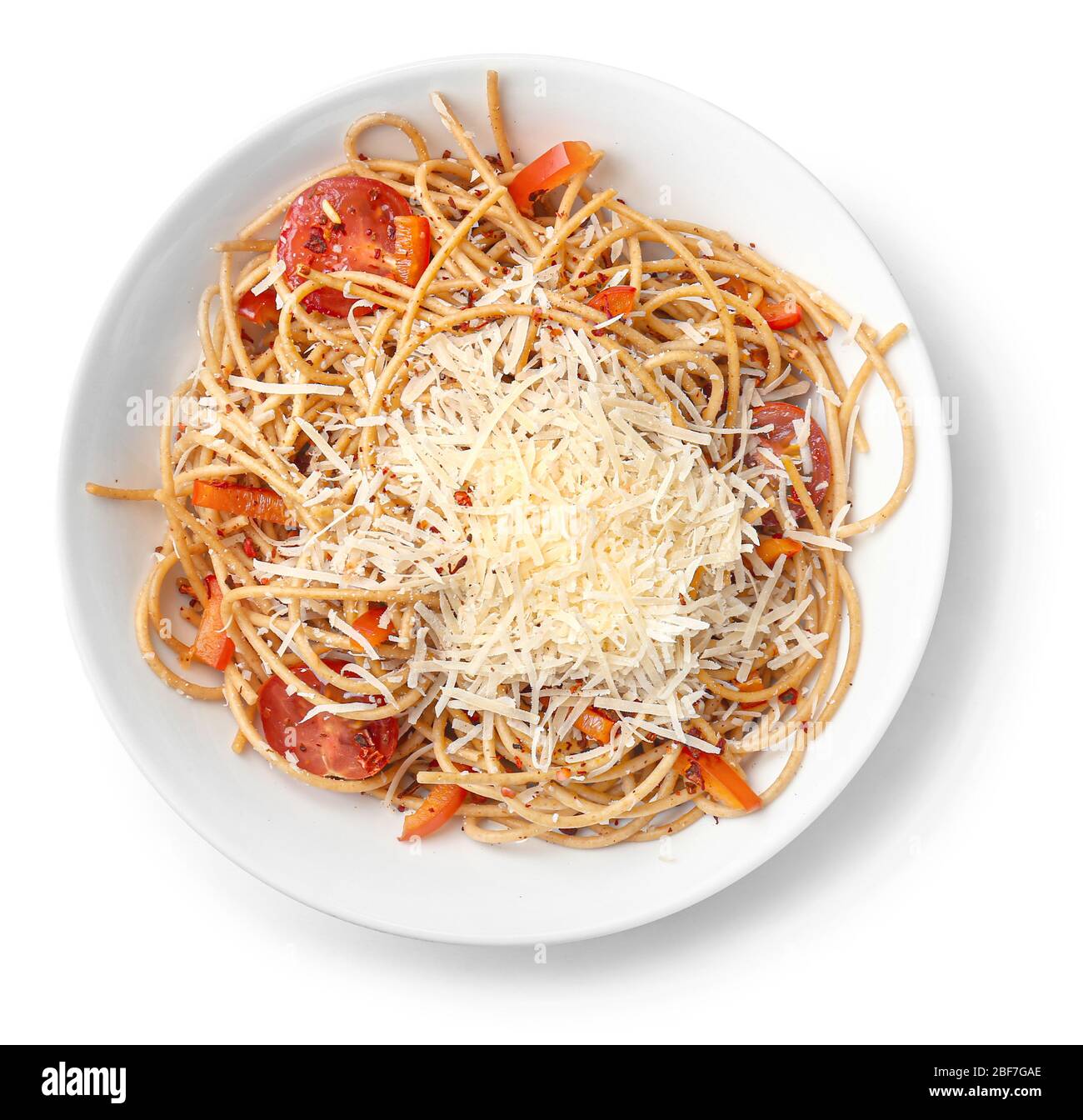 Plate with tasty pasta and cheese on white background Stock Photo - Alamy