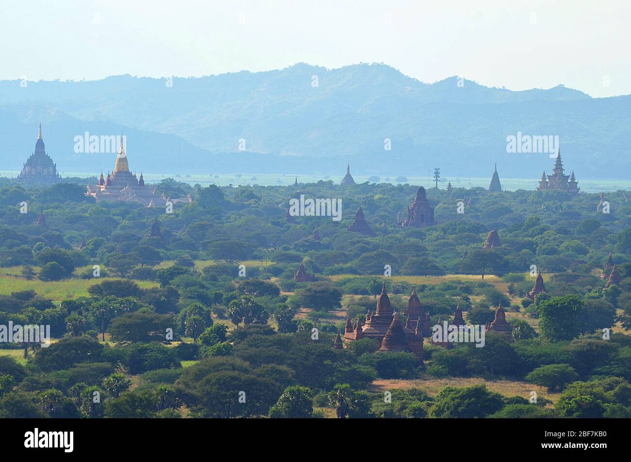 Aerial view of ancient Bagan town with Ayerwady river in background ...