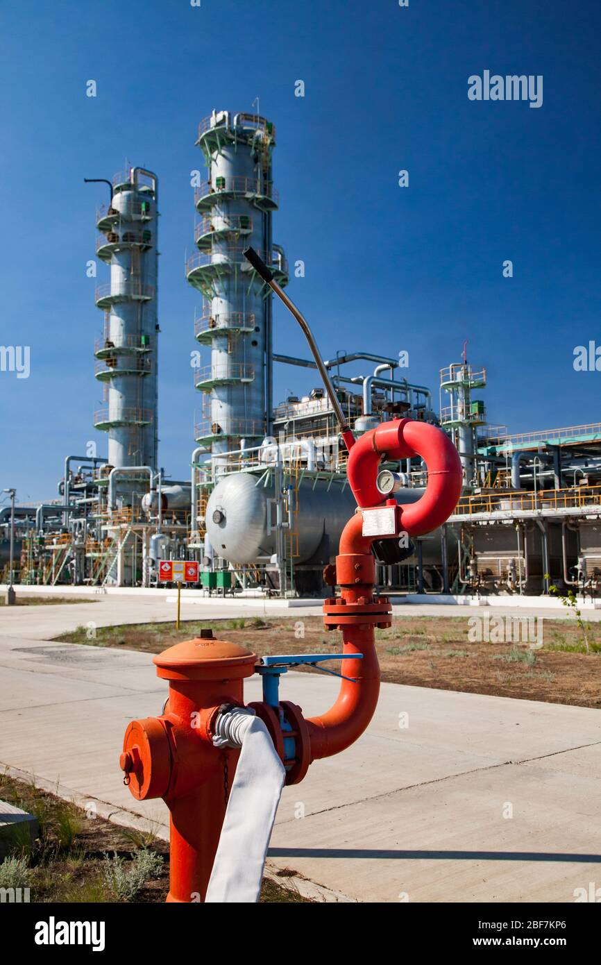 Oil refinery plant. Gas processing plant. Petrochemical plant. Red fire ...