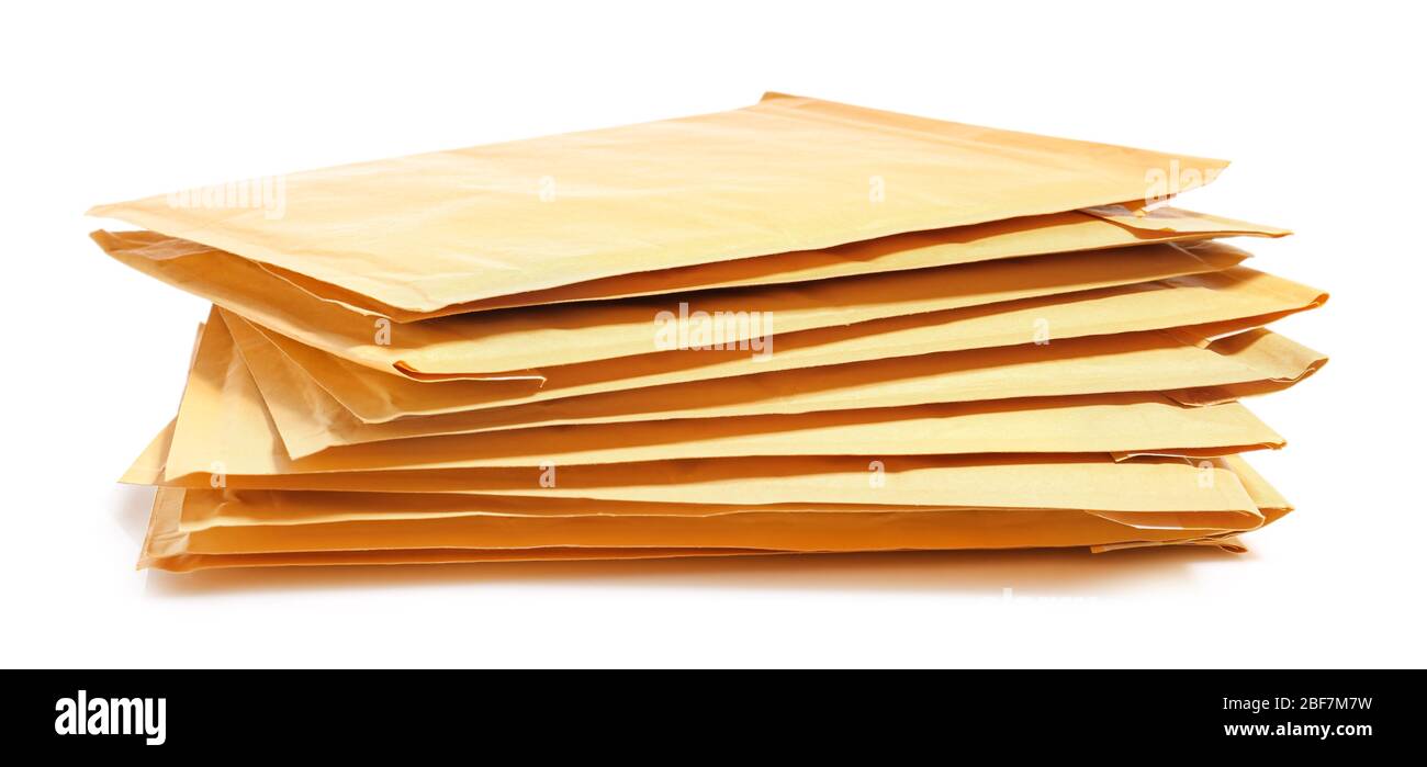 Many envelopes parcels on white background Stock Photo - Alamy