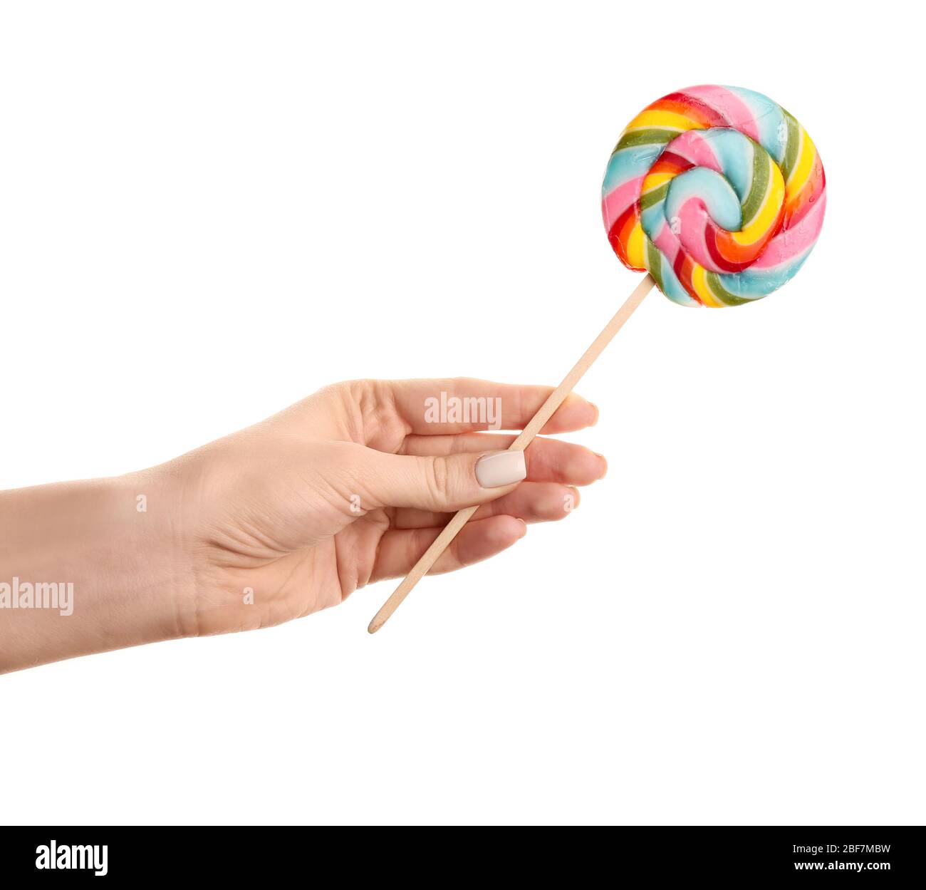 Female hand with sweet lollipop on white background Stock Photo - Alamy