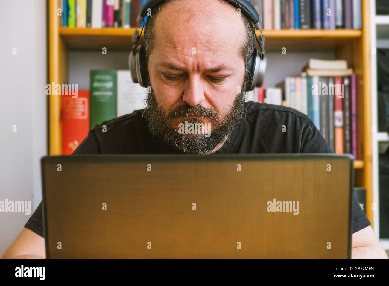 Home Office Work Concept Adult Bearded Man Concentrated Working