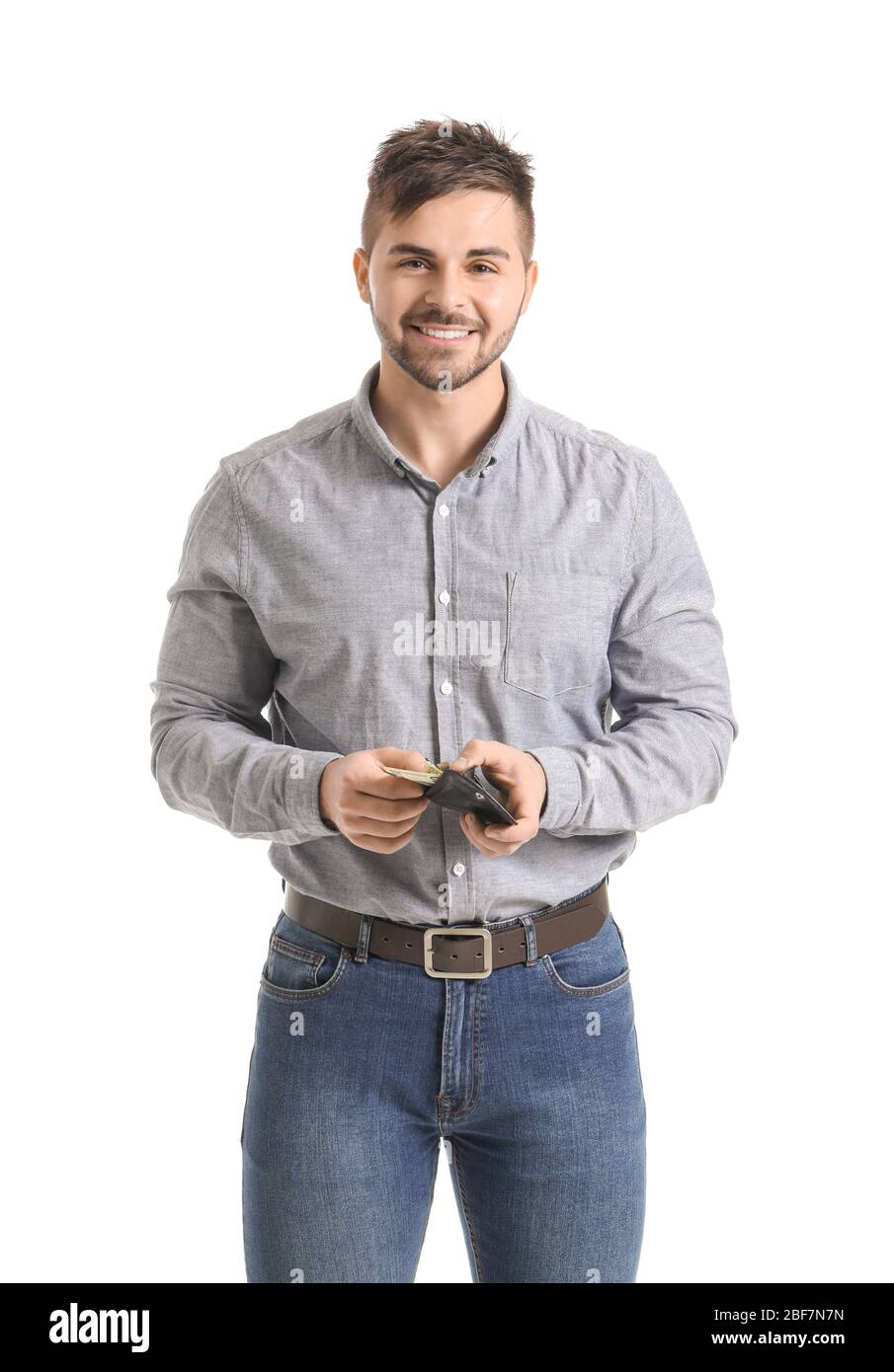 Man with purse on white background Stock Photo - Alamy