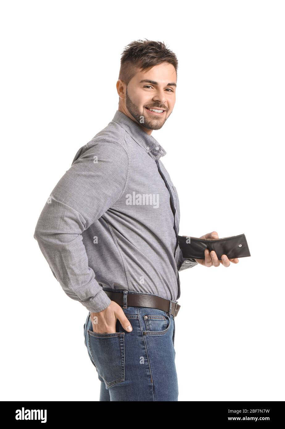 Man with purse on white background Stock Photo - Alamy