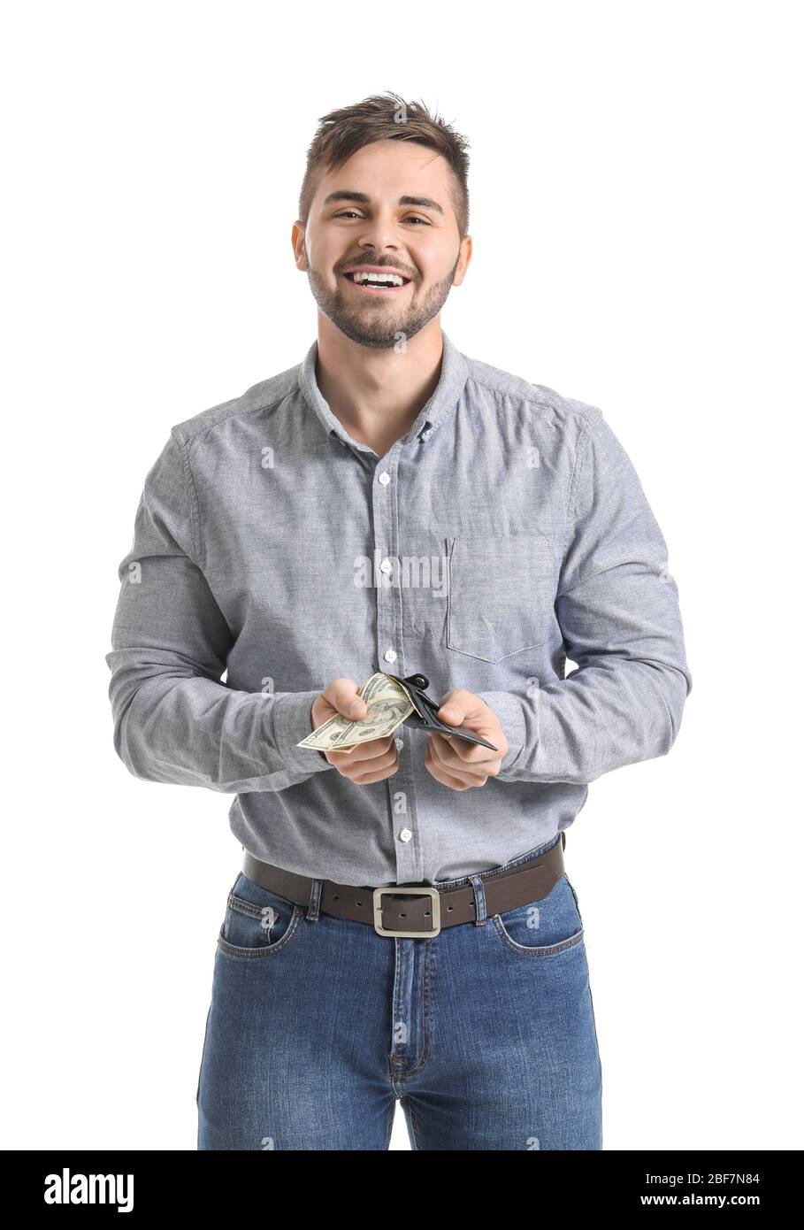 Man with purse on white background Stock Photo - Alamy