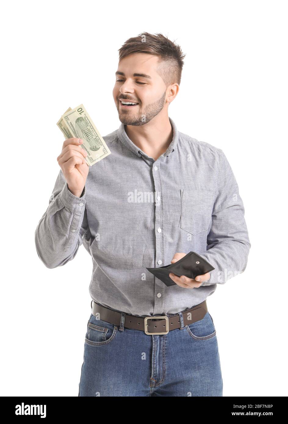Man with purse and money on white background Stock Photo - Alamy