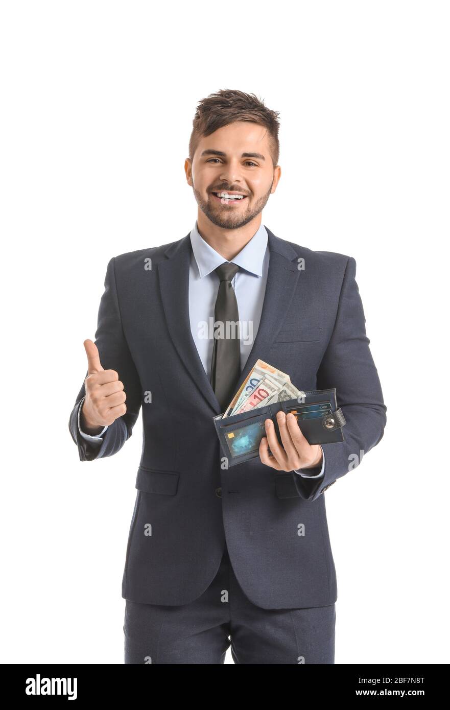 Businessman with purse on white background Stock Photo - Alamy