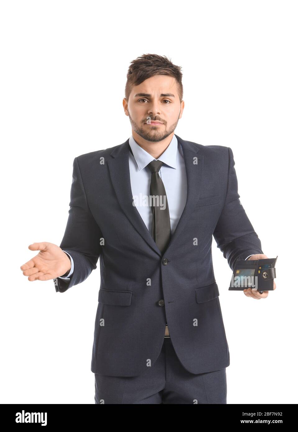 Sad businessman with empty purse on white background Stock Photo - Alamy