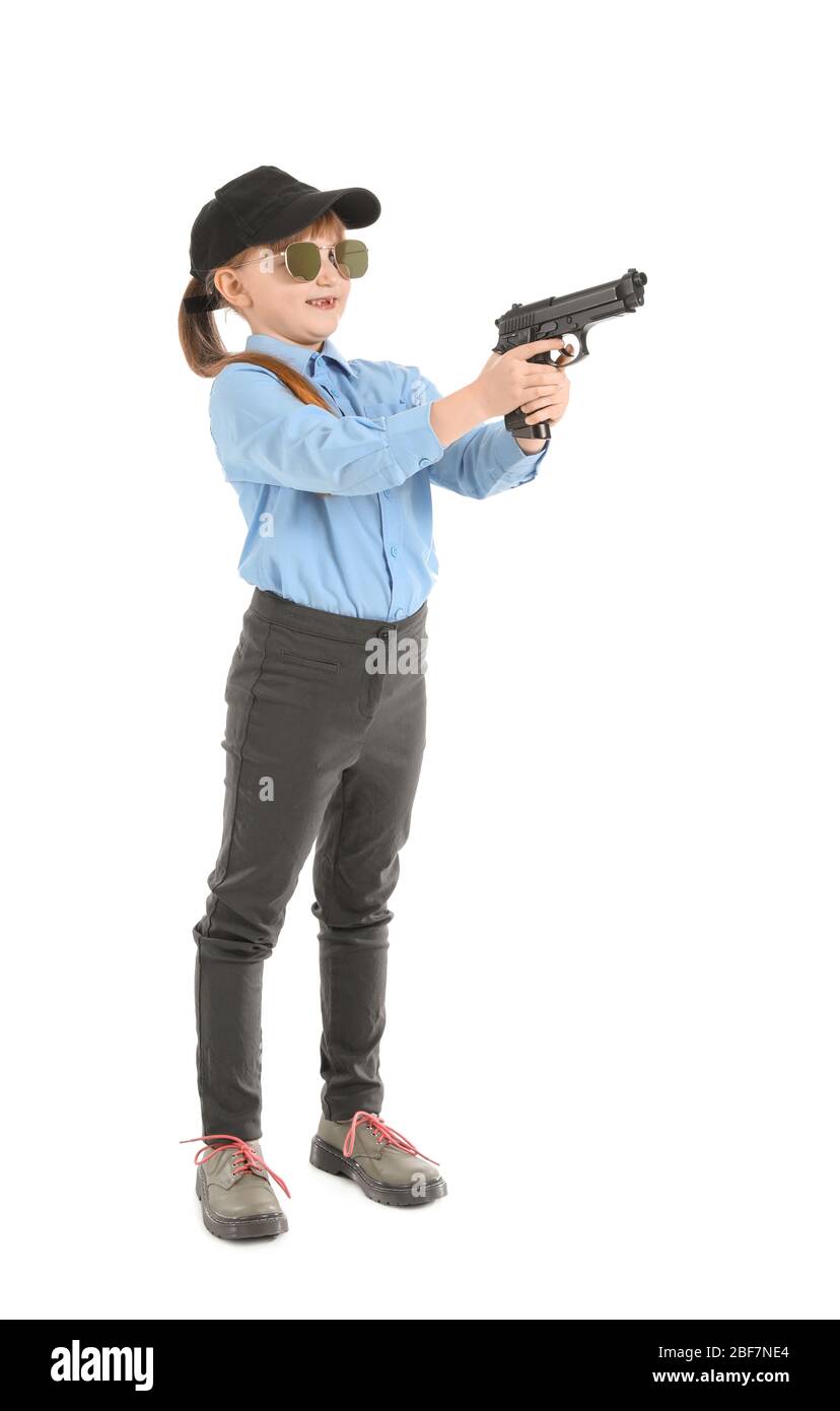 Cute little police officer on white background Stock Photo - Alamy