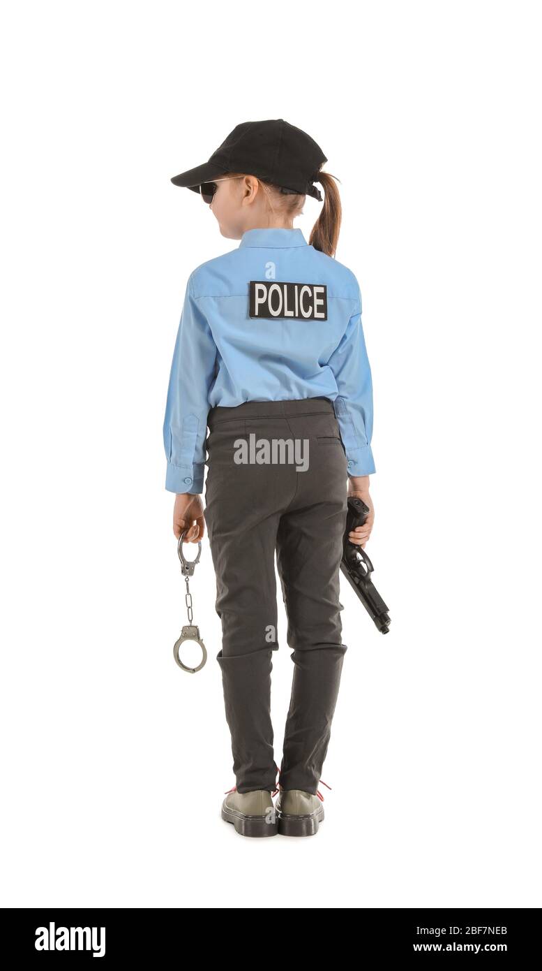 Cute little police officer on white background Stock Photo - Alamy