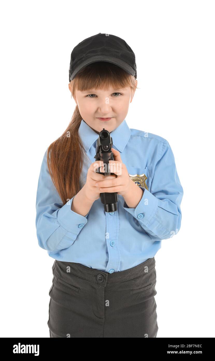 Cute little police officer on white background Stock Photo - Alamy