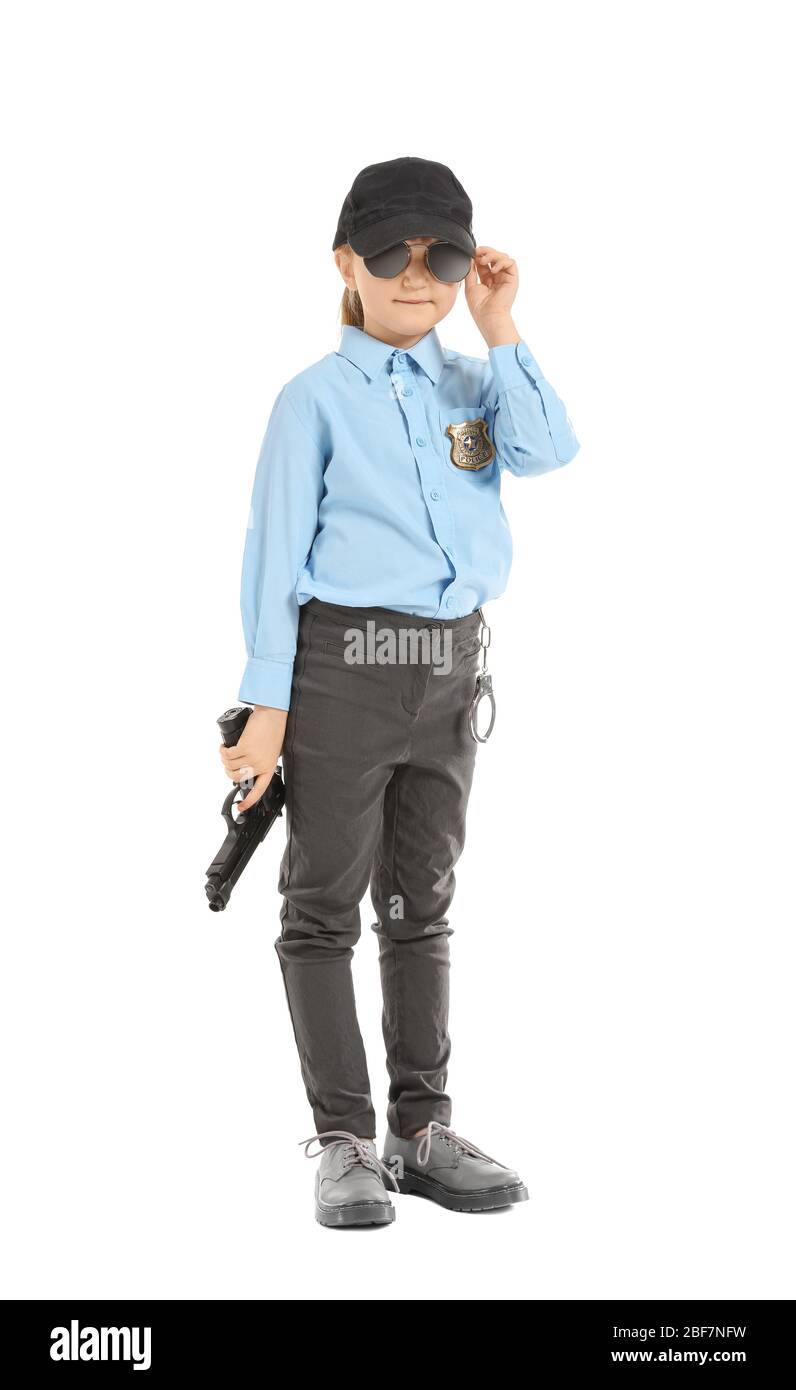 Cute little police officer on white background Stock Photo - Alamy