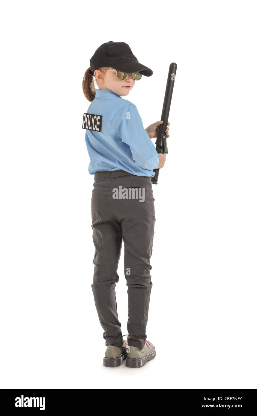 Cute little police officer on white background Stock Photo - Alamy