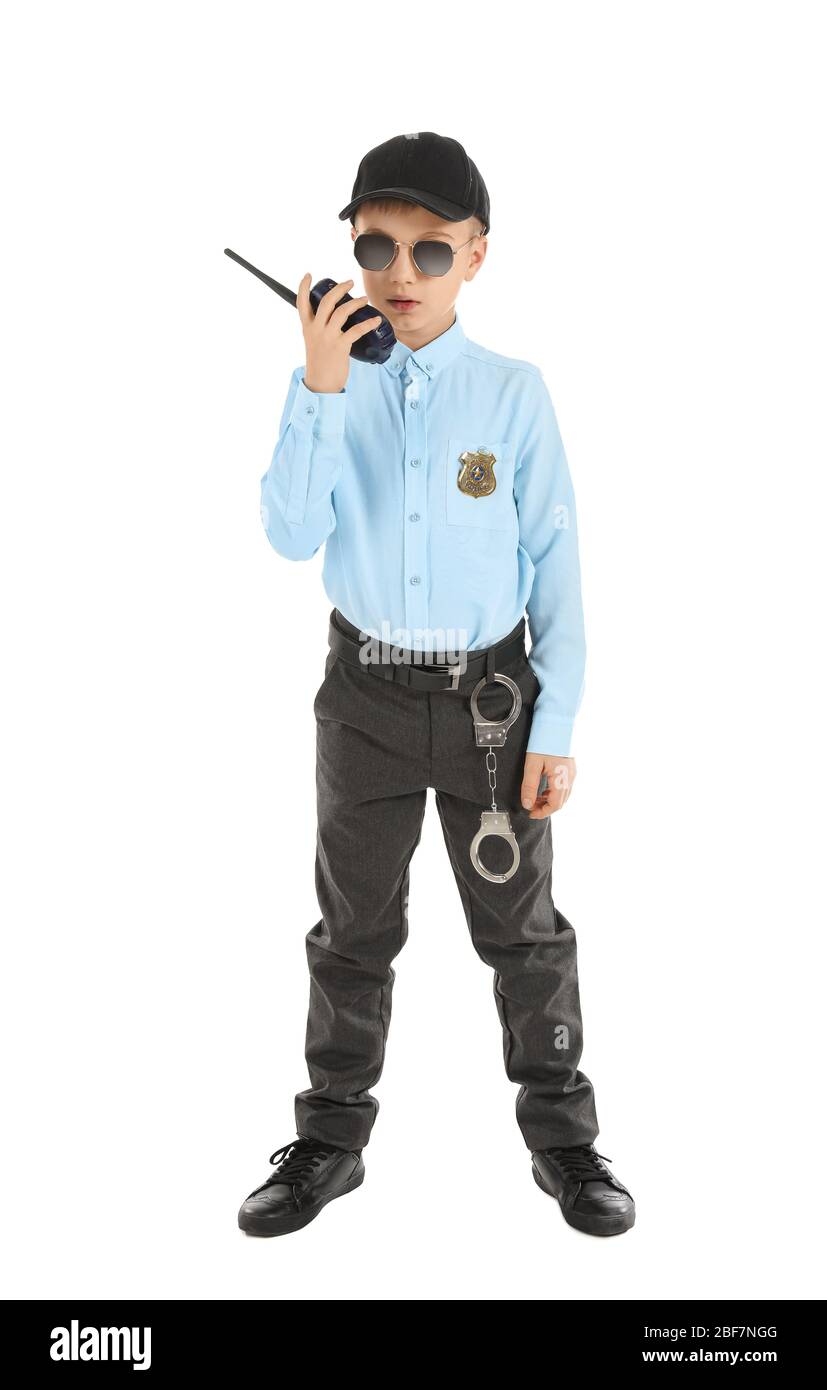 Cute little police officer on white background Stock Photo - Alamy