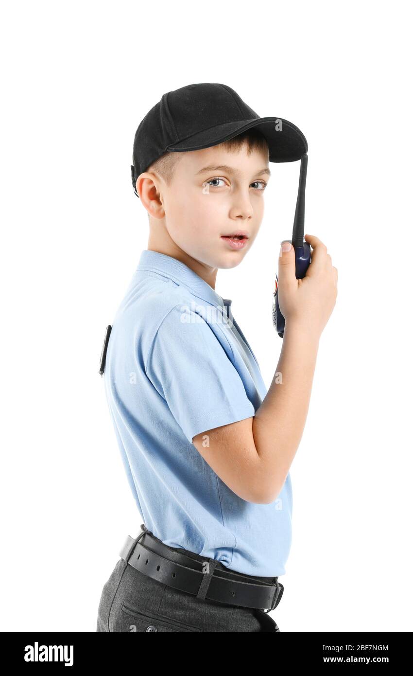 Cute little police officer on white background Stock Photo - Alamy
