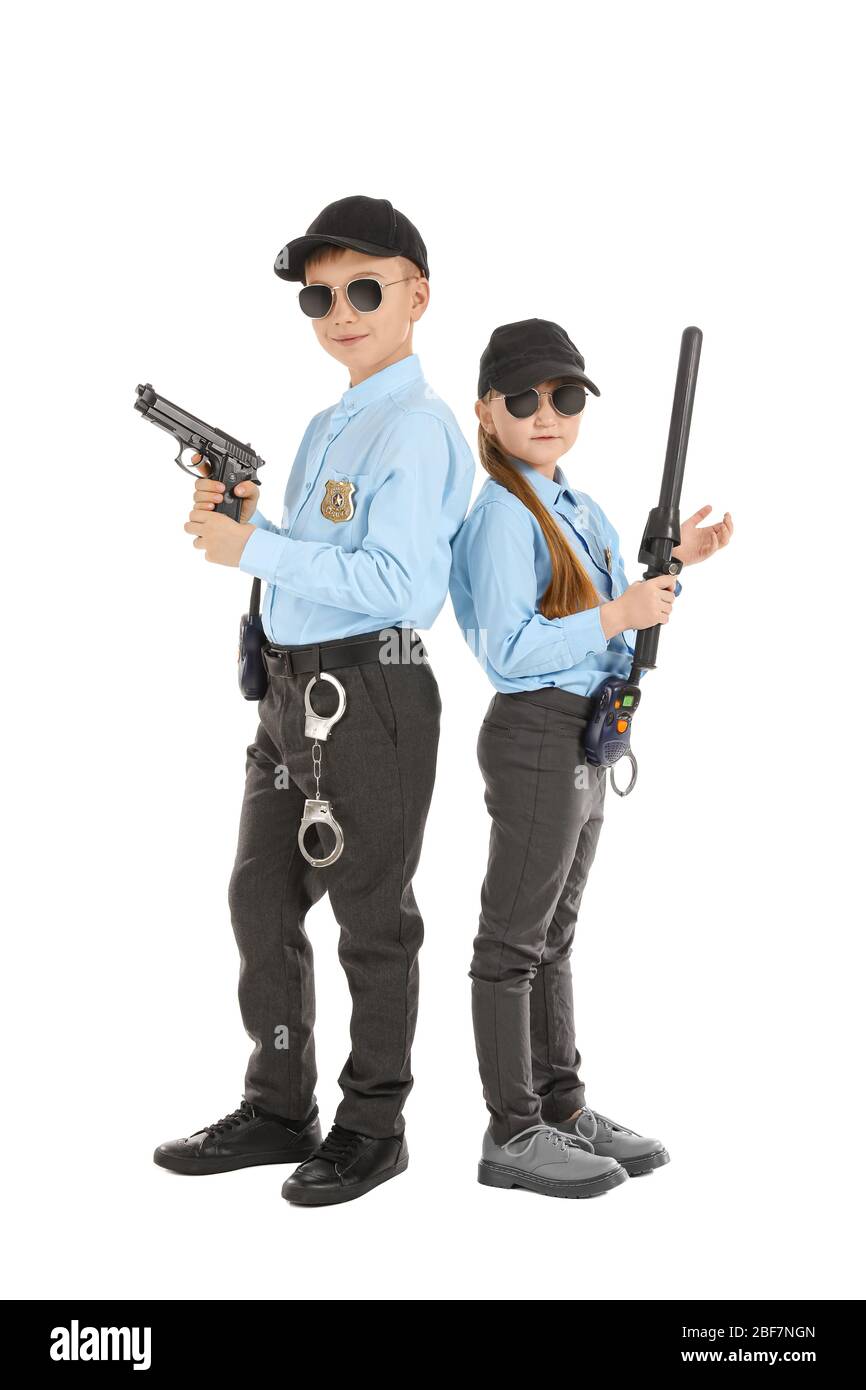 Cute little police officers on white background Stock Photo - Alamy