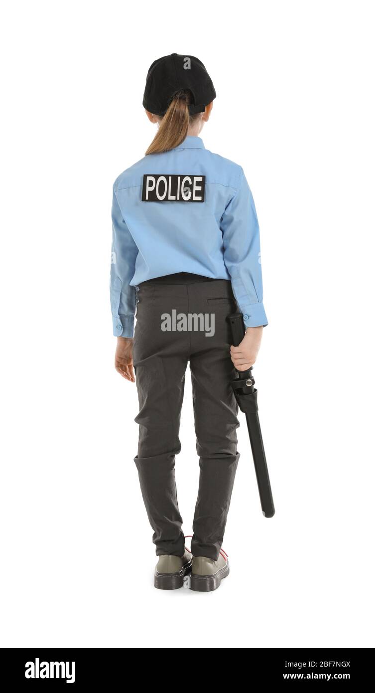 Cute little police officer on white background Stock Photo - Alamy
