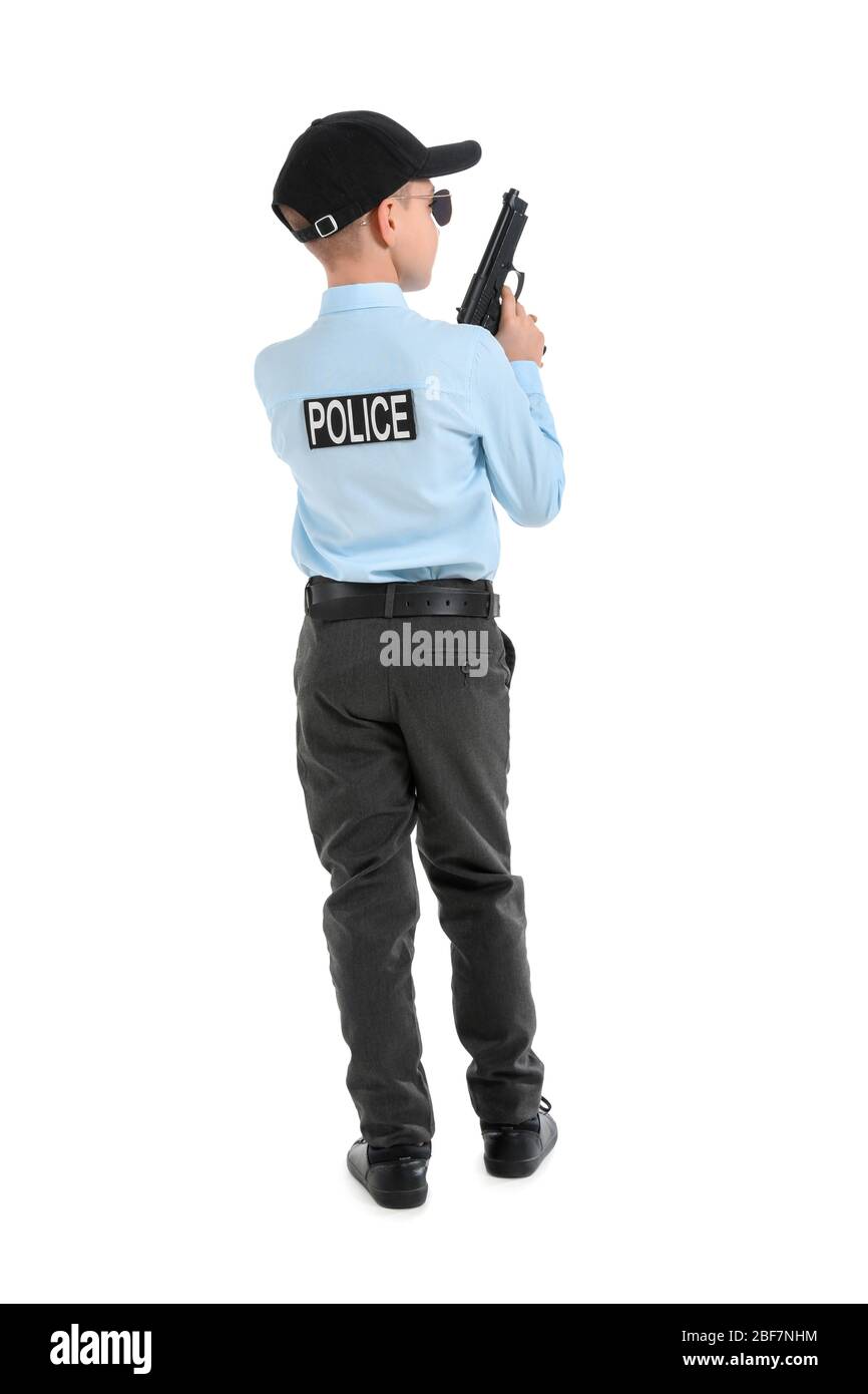 Cute little police officer on white background Stock Photo - Alamy