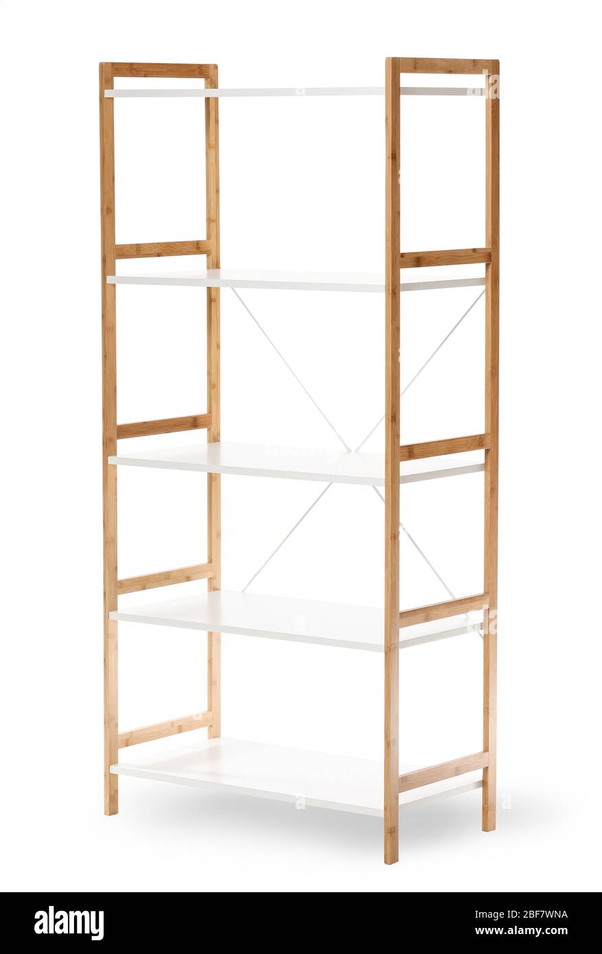Empty shelving unit on white background Stock Photo - Alamy
