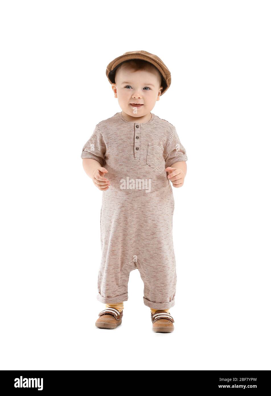 Cute baby with stylish hat on white background Stock Photo - Alamy