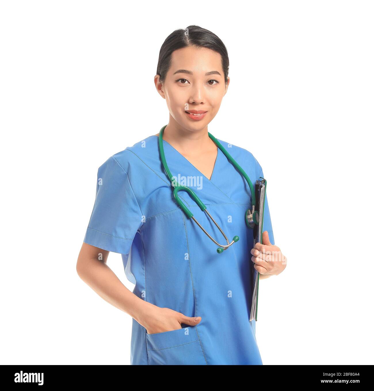 Female Asian doctor on white background Stock Photo - Alamy