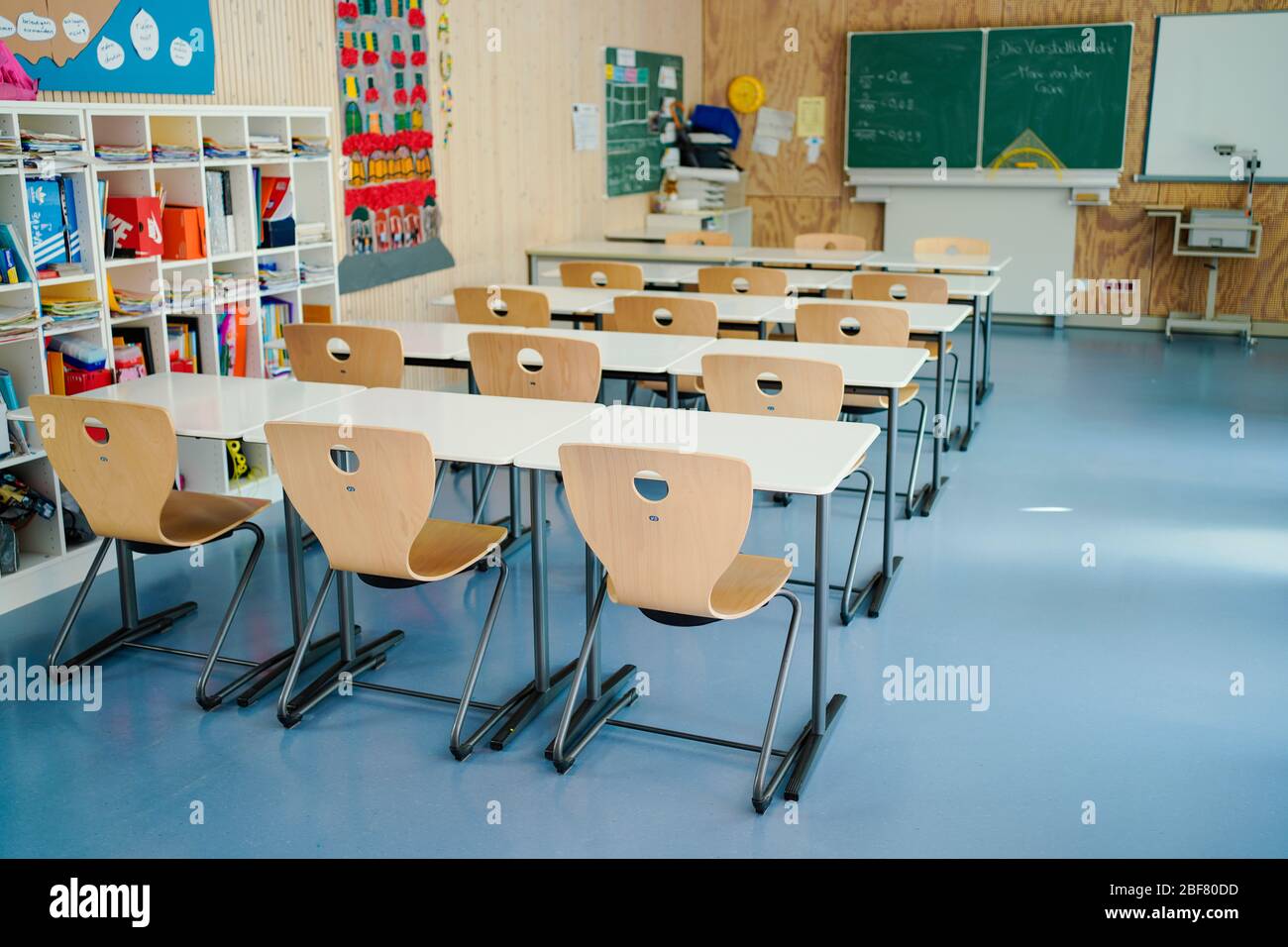 Mannheim, Germany. 17th Apr, 2020. Chairs are placed in a classroom of ...