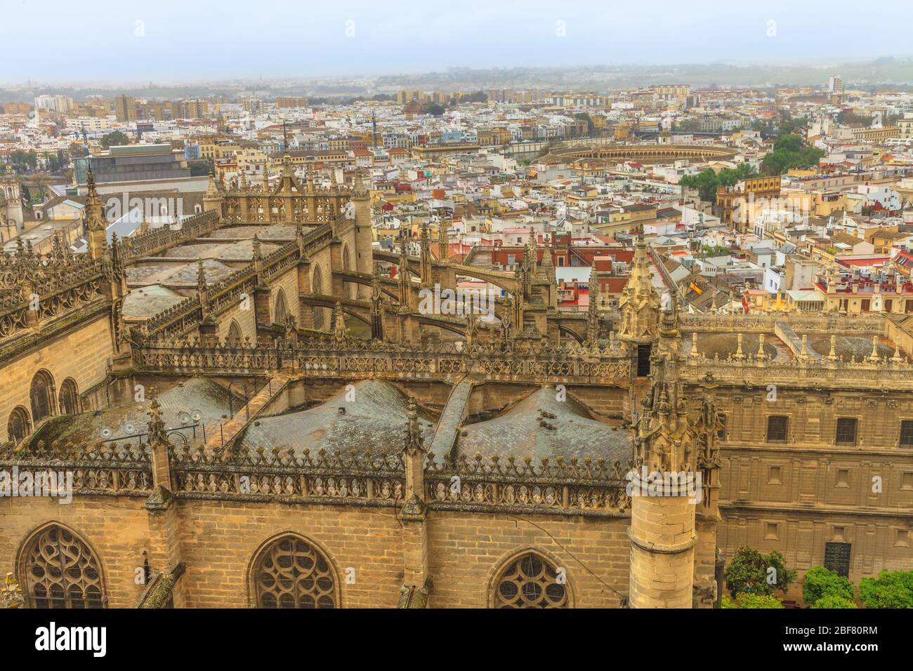 Aerial view of Seville city and Seville Cathedral of Saint Mary of the ...