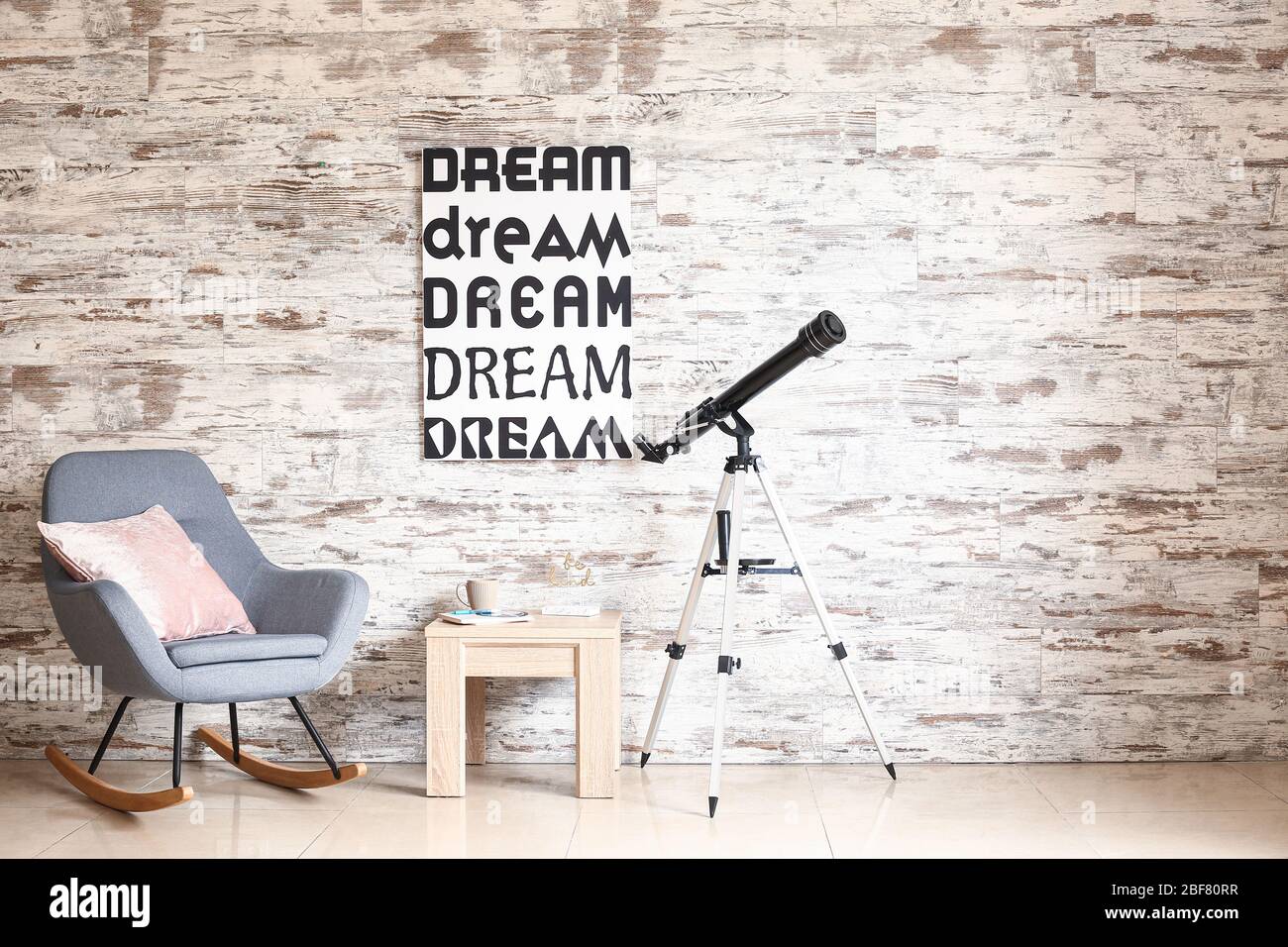 Interior of modern room with telescope Stock Photo - Alamy