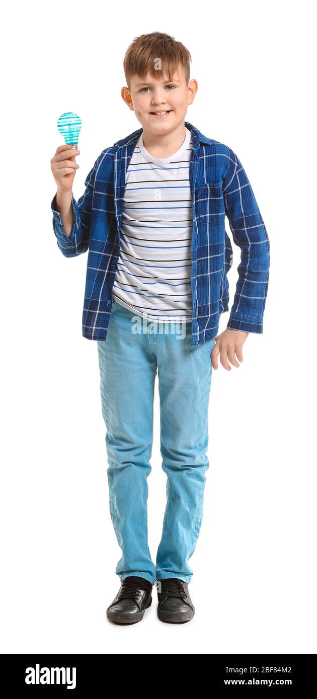 Cute little boy with light bulb on white background Stock Photo - Alamy