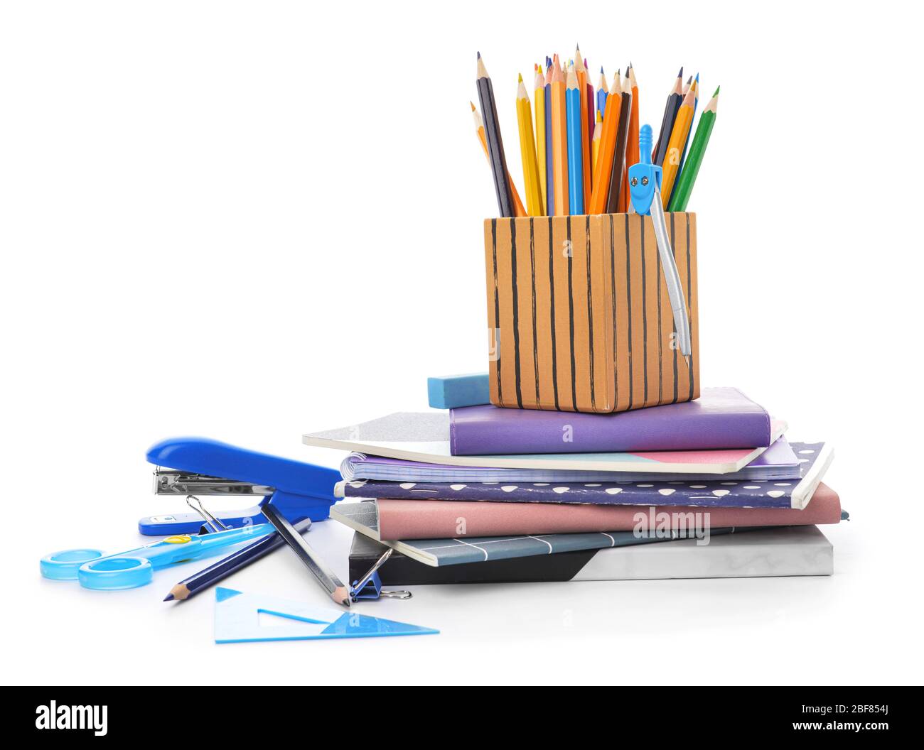Set of school supplies on white background Stock Photo - Alamy