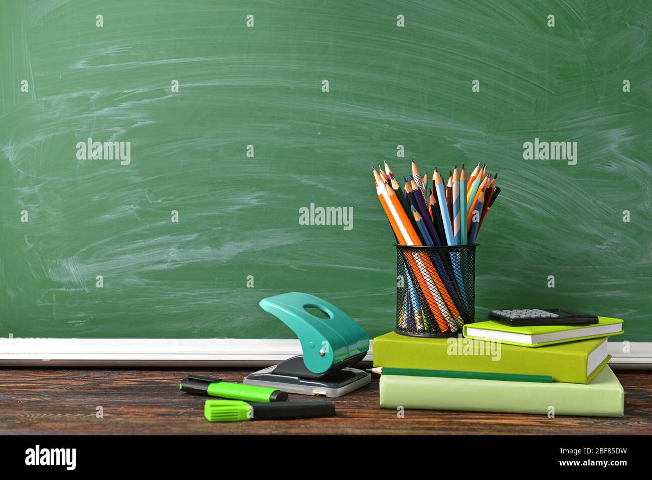 Set of school supplies on table Stock Photo - Alamy