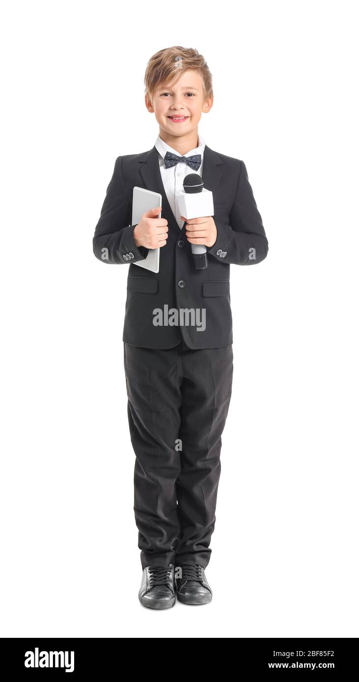 Little journalist with microphone and tablet computer on white ...