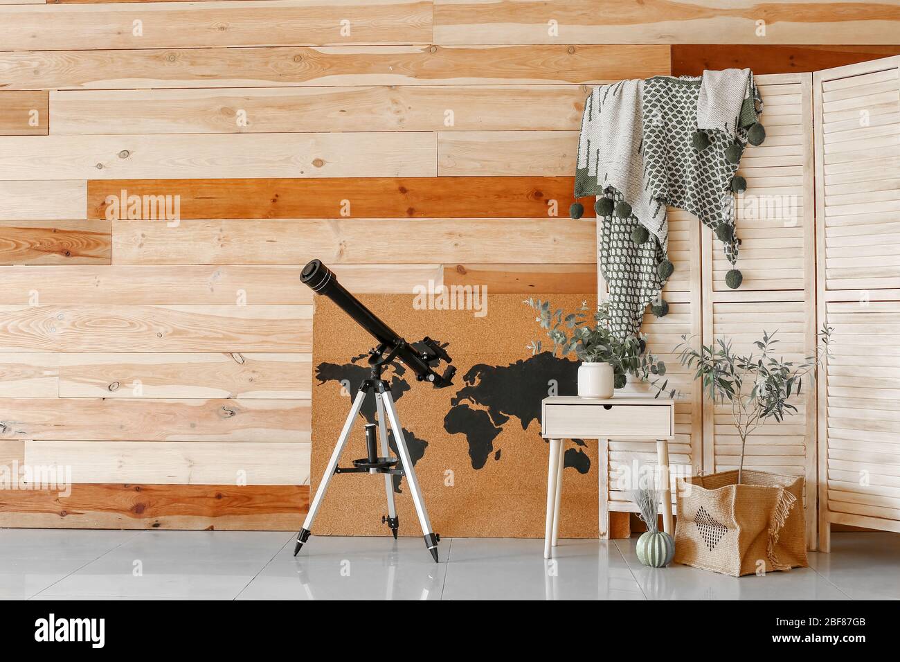 Interior of modern room with telescope Stock Photo - Alamy