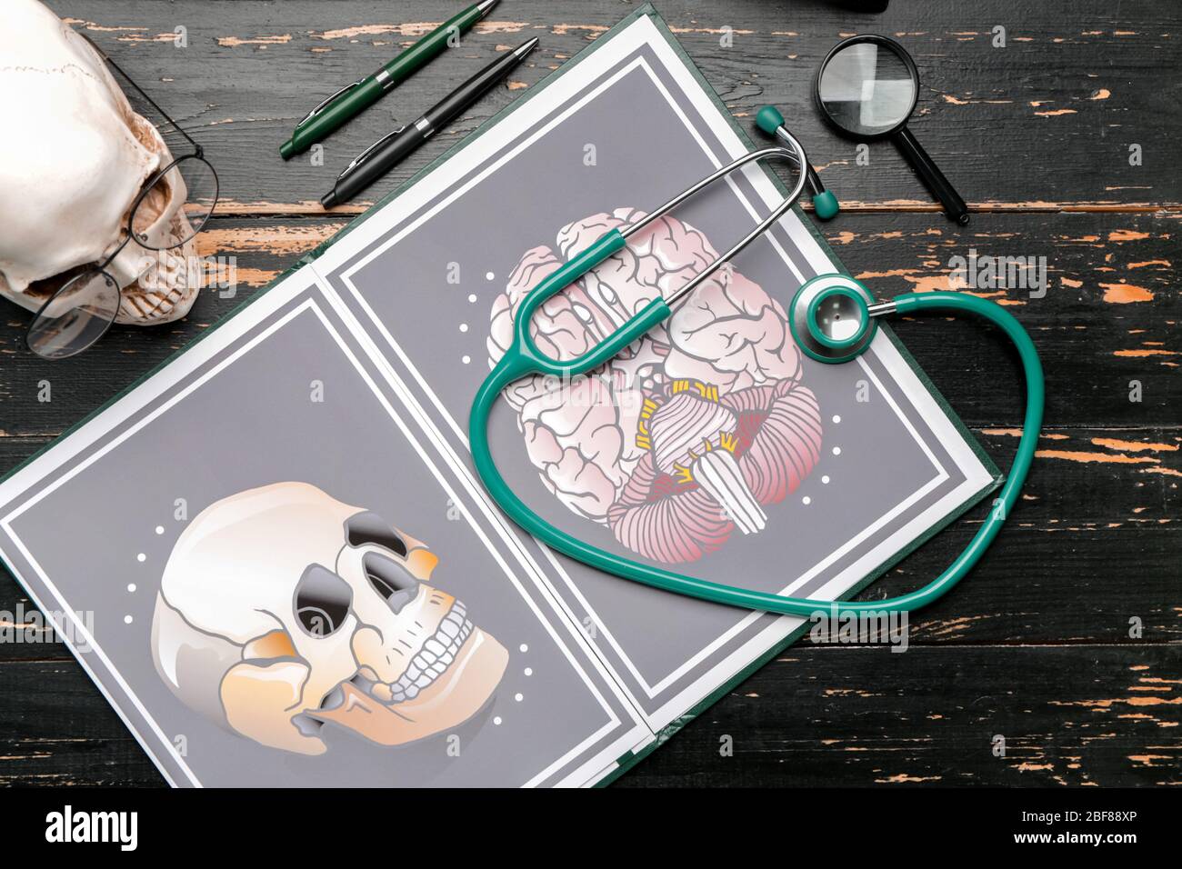 Stethoscope with drawings of human skull and brain on wooden table ...