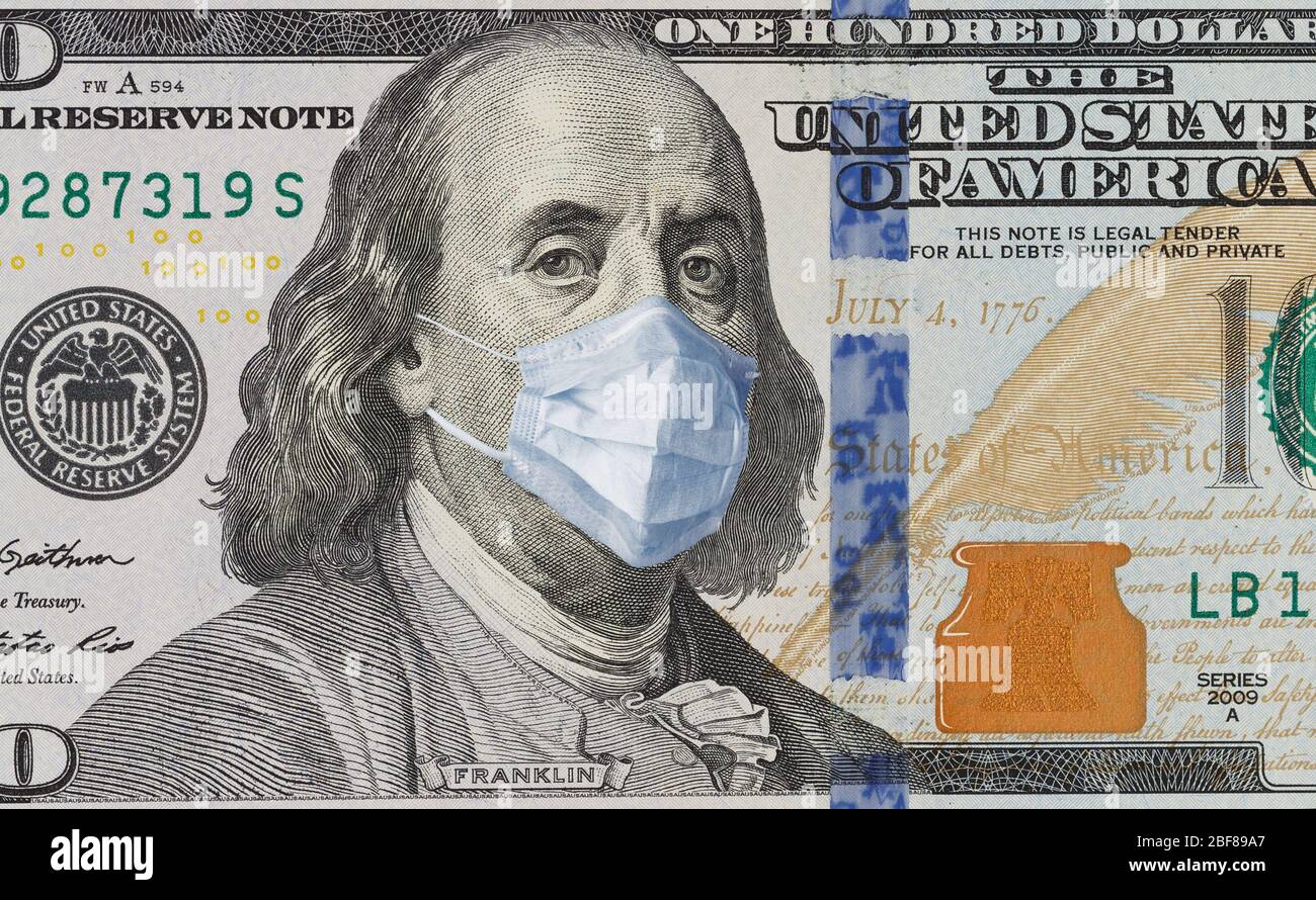 A 100 bill with a medical mask from Benjamin Franklin from the COVID-19 ...