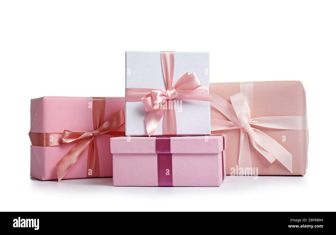Beautiful gift boxes on white background Stock Photo - Alamy