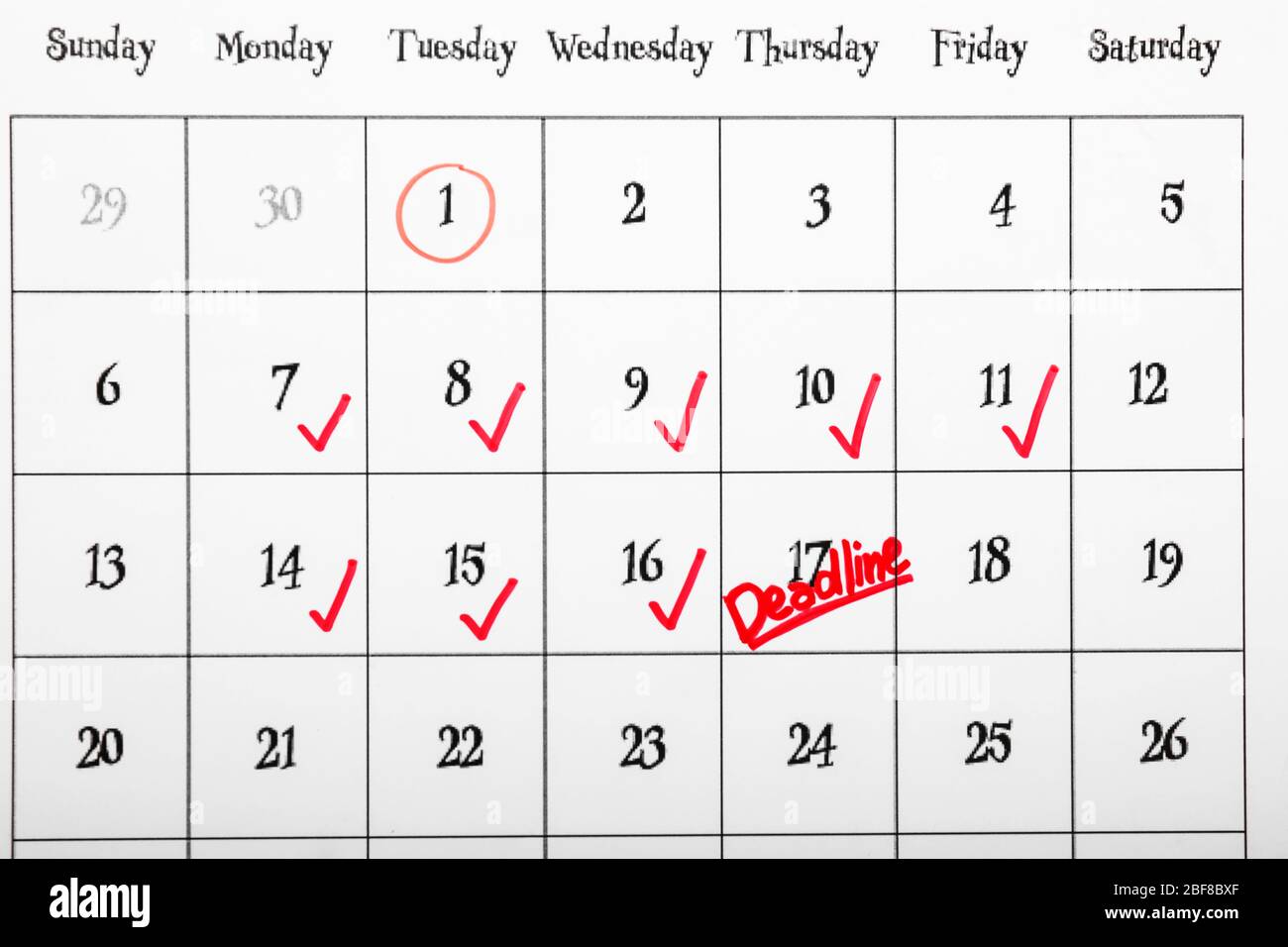 Calendar with marked date, closeup. Deadline concept Stock Photo - Alamy