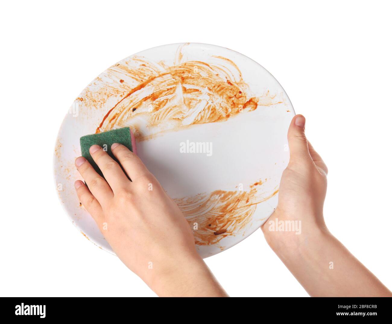 Woman washing dirty plate on white background Stock Photo - Alamy